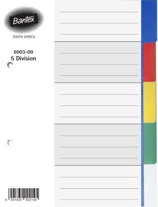 Bantex DIVIDERS PP - MULTI-PUNCHED A5, PP divider, 5 divison / colours ...