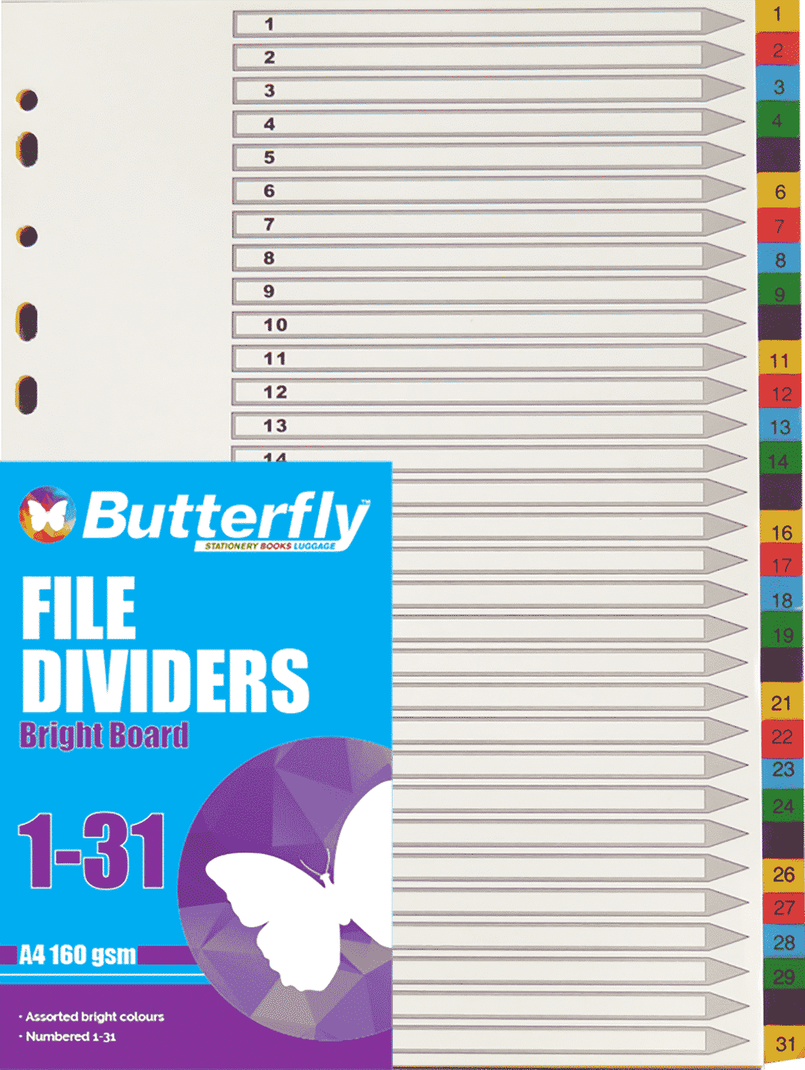A4 BRIGHT/BOARD DIVIDER 1-31 NUMBERED Butterfly - Park Avenue Stationers