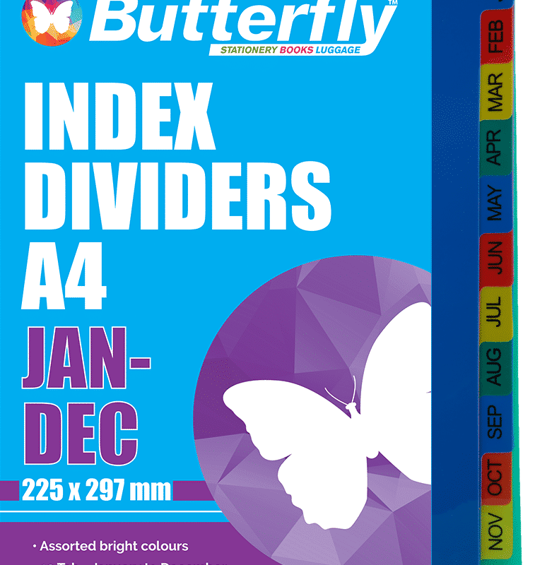 A4 PP DIVIDER JAN-DEC COLOUR Butterfly - Park Avenue Stationers