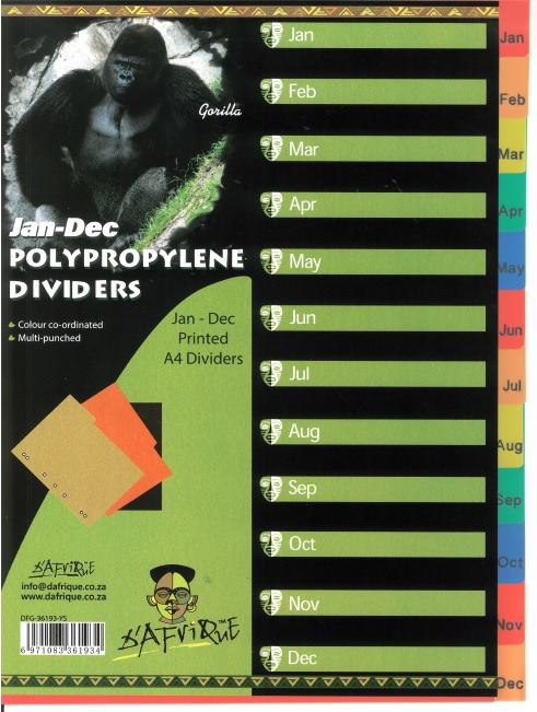 A4 POLYPROP DIVIDER JAN-DEC COLOR *DAFRIQUE* - Park Avenue Stationers